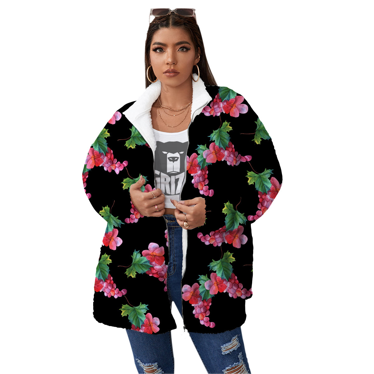 Grapes Purple Watercolor Print Pattern Women's Sherpa Jacket