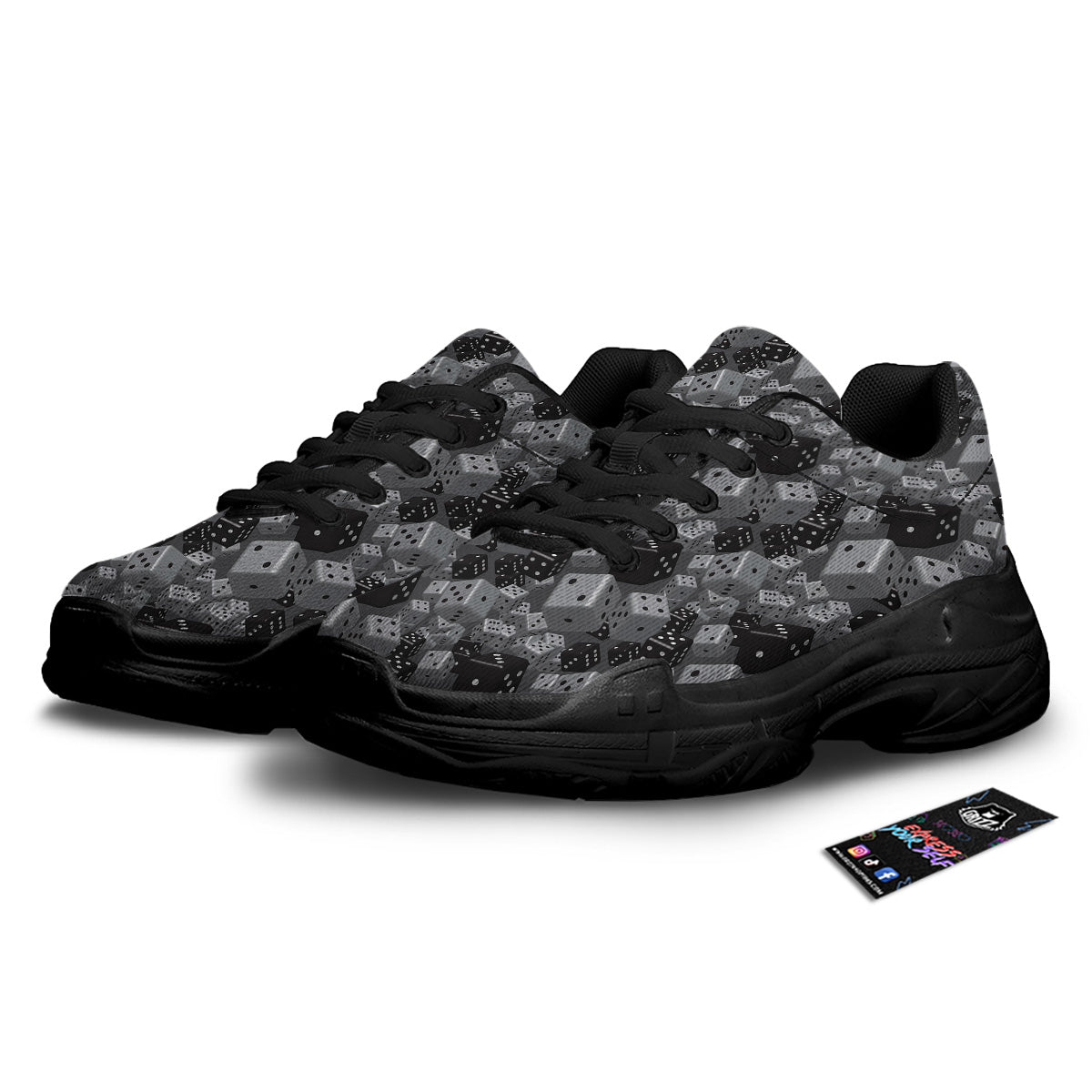 Gray Black 3D Dice Print Pattern Black Chunky Shoes
