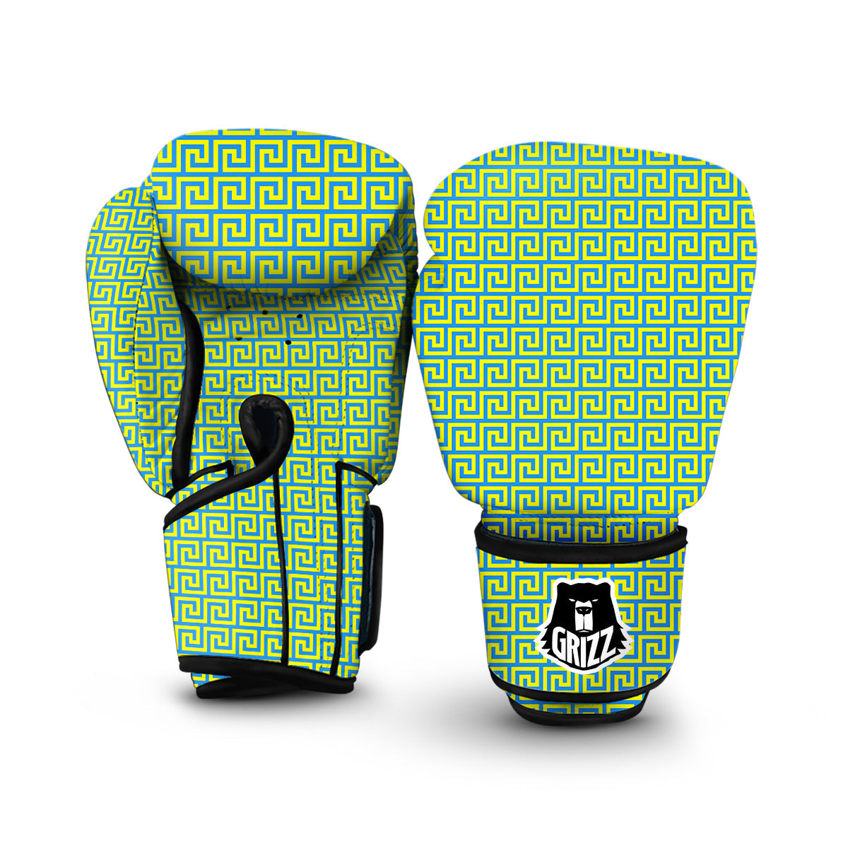 Greek Key Blue Yellow Print Pattern Boxing Gloves