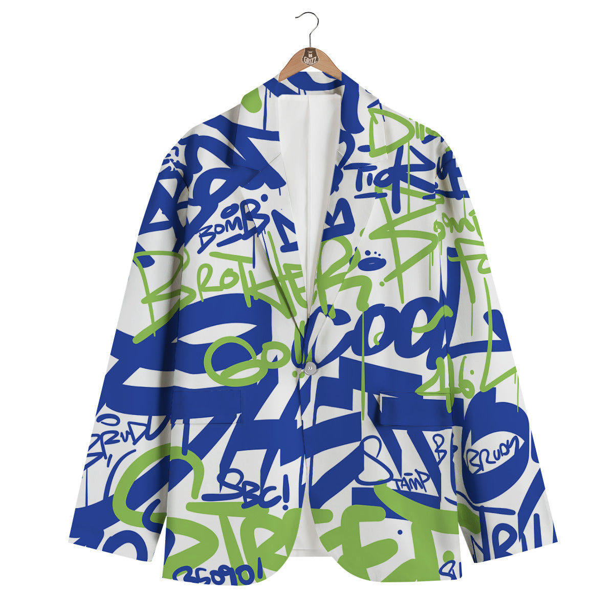Green Blue Urban Graffiti Text Print Pattern Men's Blazer