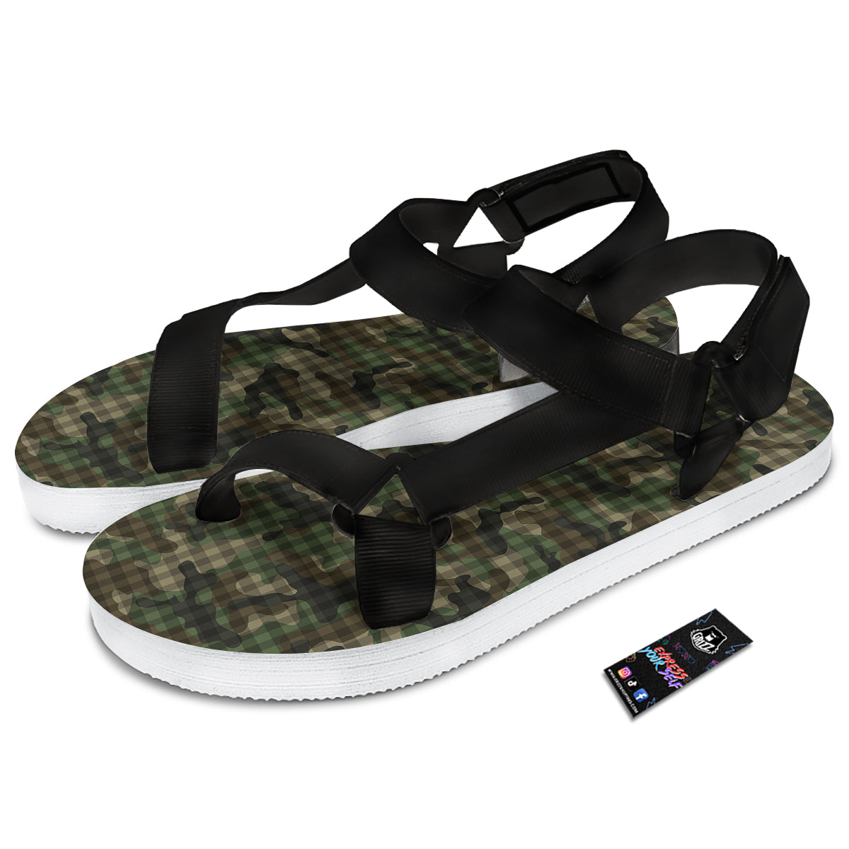 Green Camouflage Army Plaid Print Pattern Black Open Toe Sandals