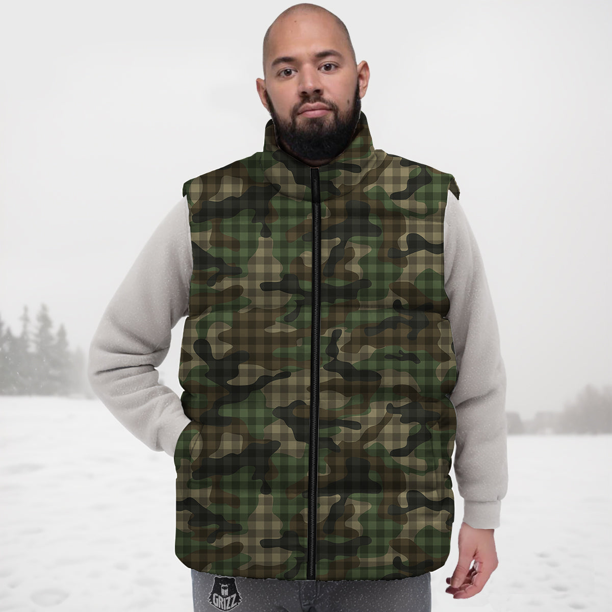 Green Camouflage Army Plaid Print Pattern Down Vest