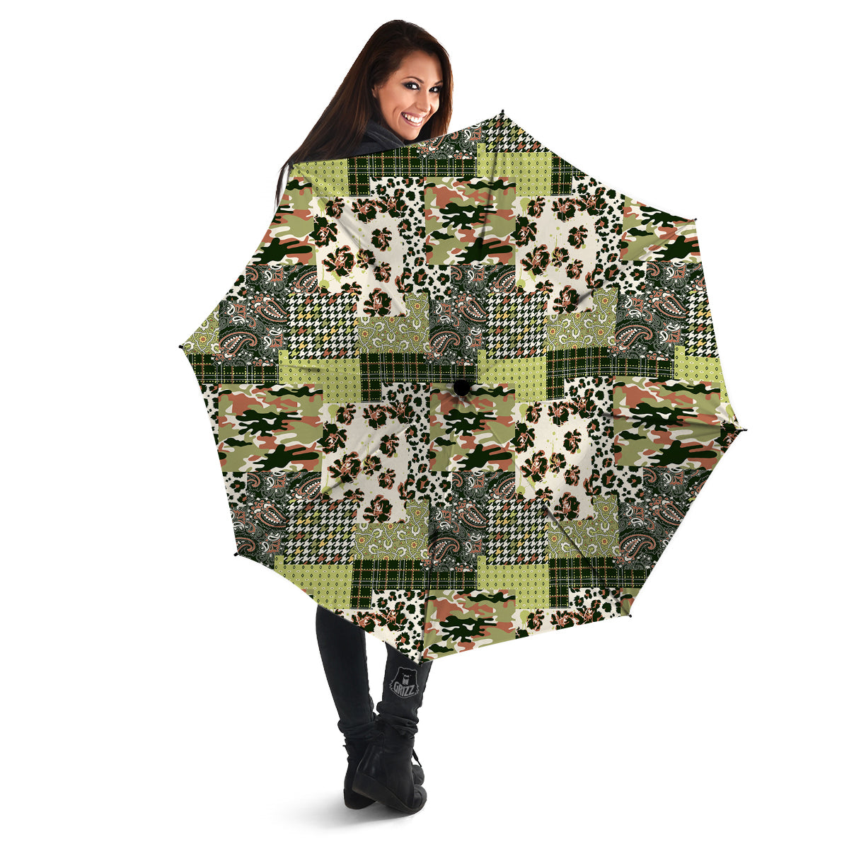 Green Camouflage Tartan Paisley Patchwork Print Pattern Umbrella