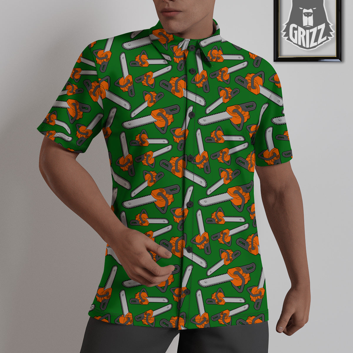 Green Chainsaw Print Pattern Untucked Shirts