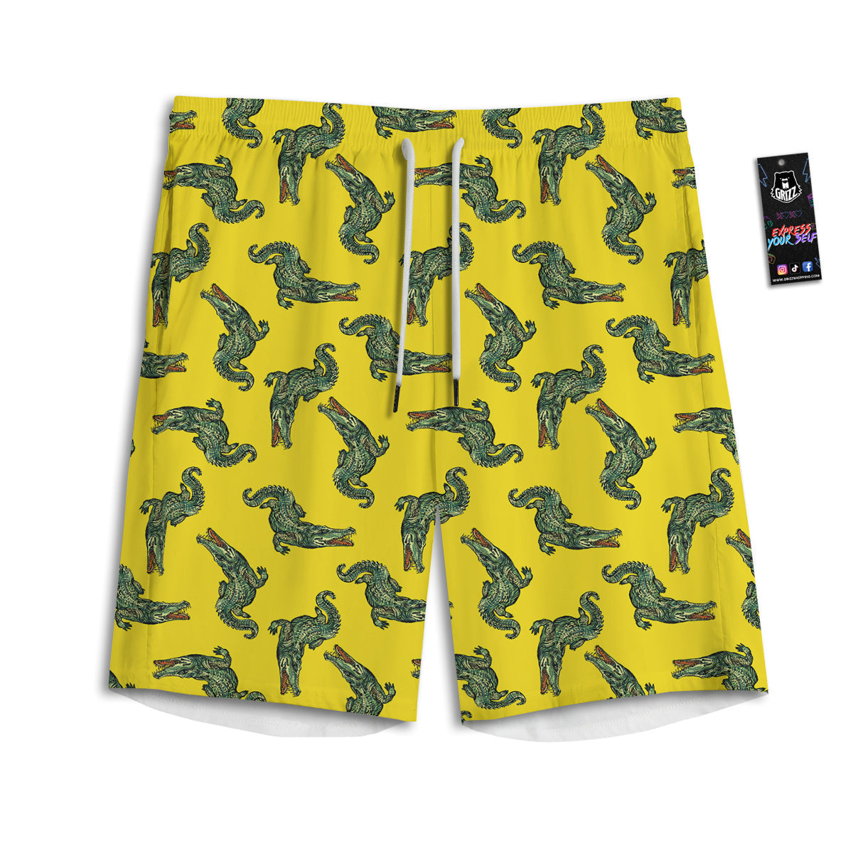 Green Crocodile And Yellow Print Pattern Men's Athletic Shorts