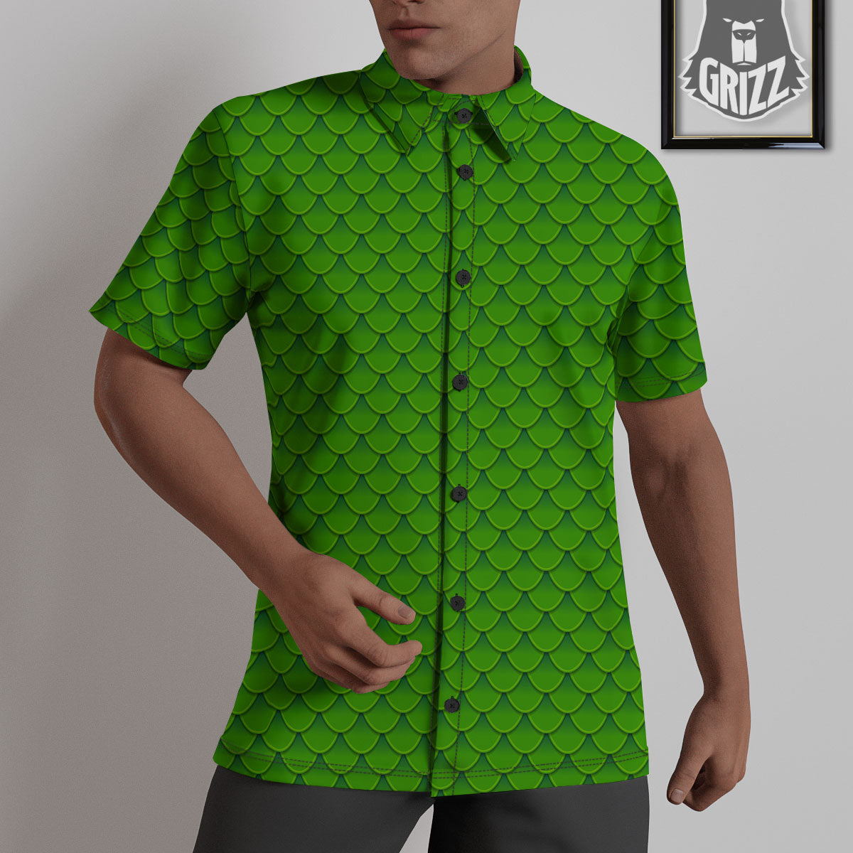 Green Dragon Scales Print Pattern Untucked Shirts