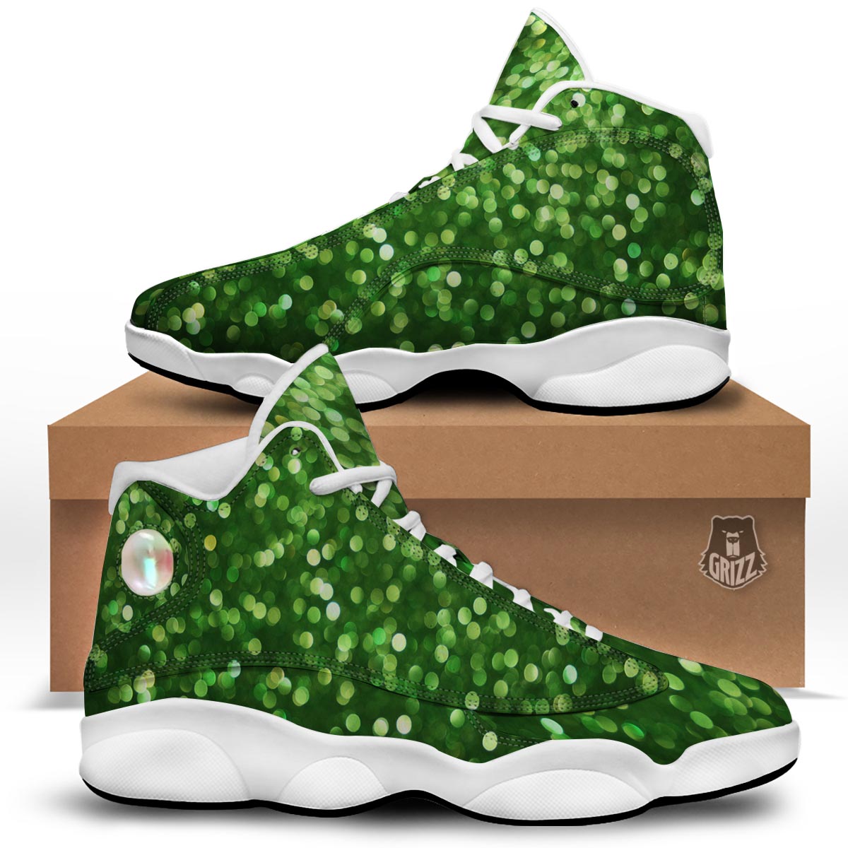 Green Glitter Artwork Shamrock Print Pattern White Basketball Shoes