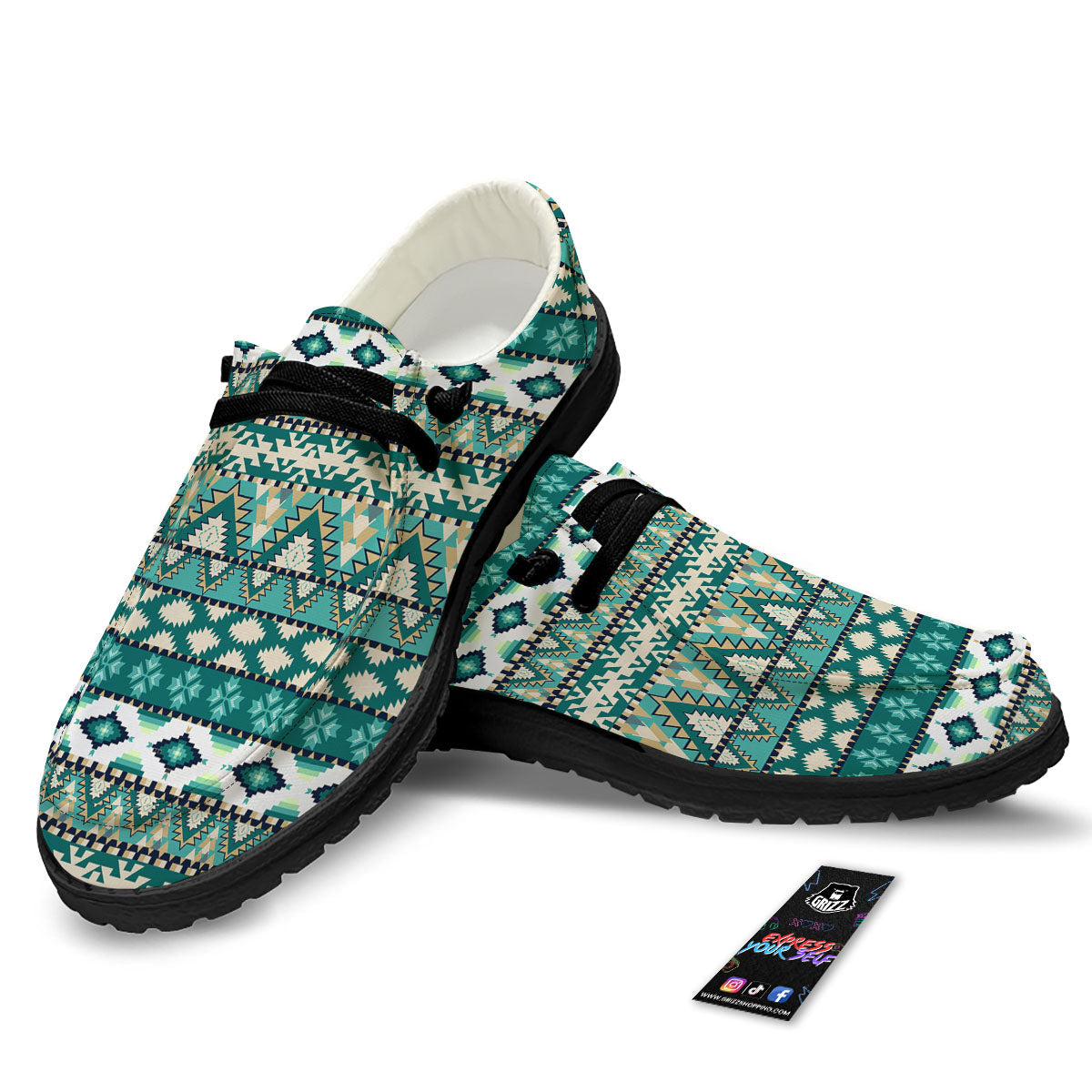 Green Indian Tribal Native Print Pattern Black Loafers