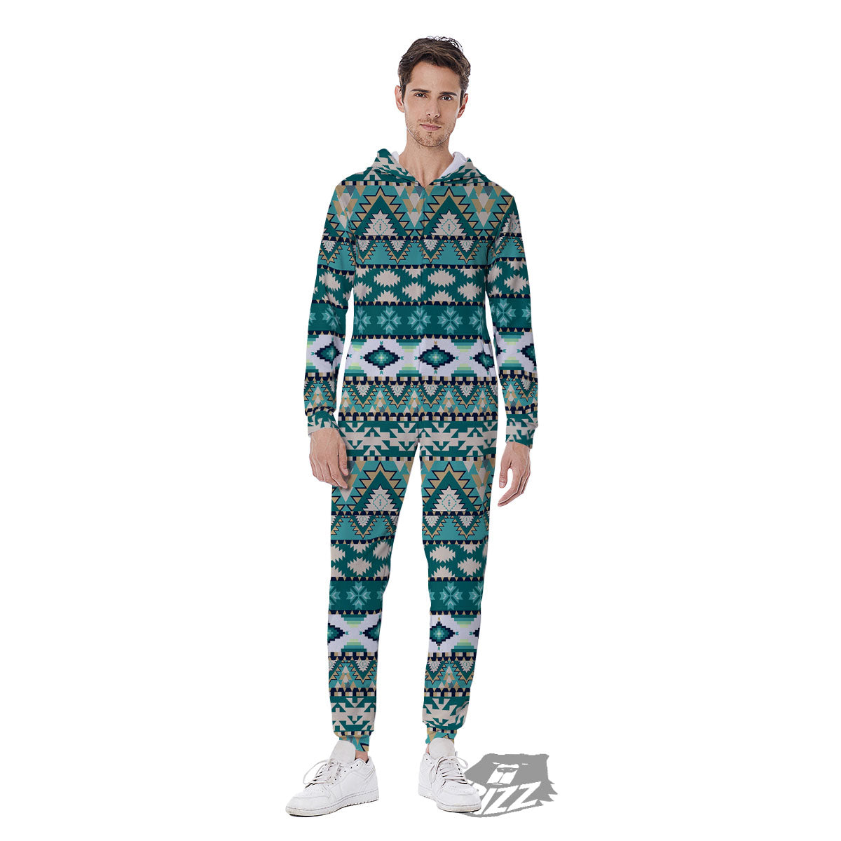 Green Indian Tribal Native Print Pattern Men's Jumpsuit