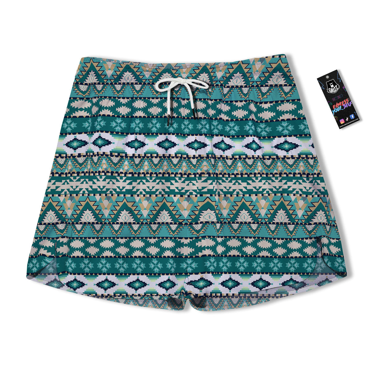 Green Indian Tribal Native Print Pattern Men's Running Shorts