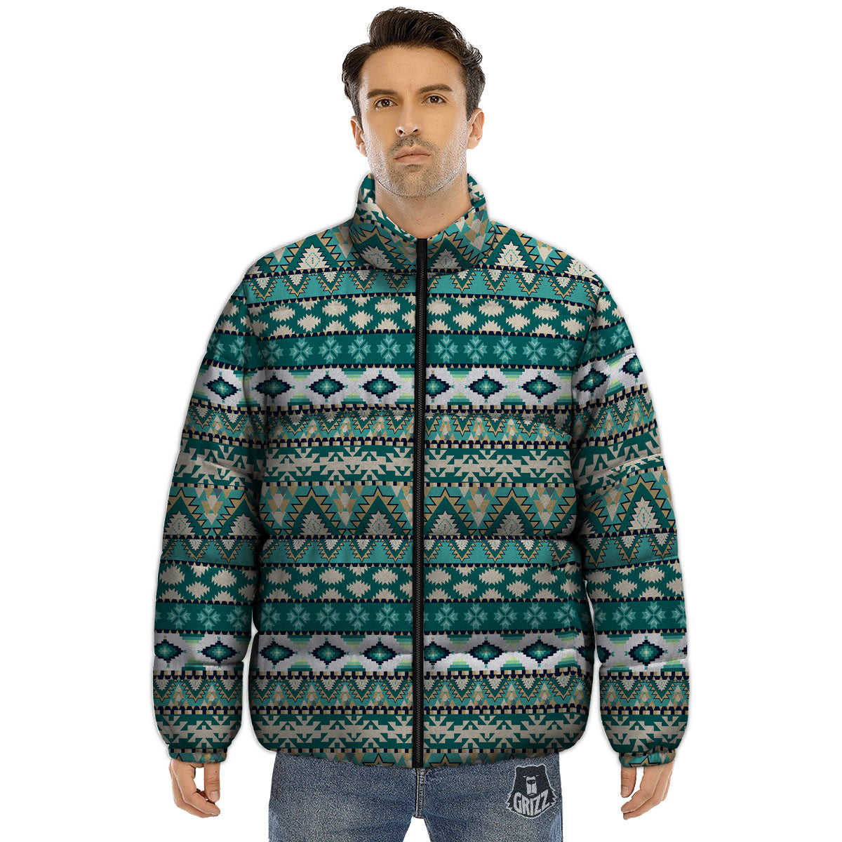 Green Indian Tribal Native Print Pattern Puffer Jacket