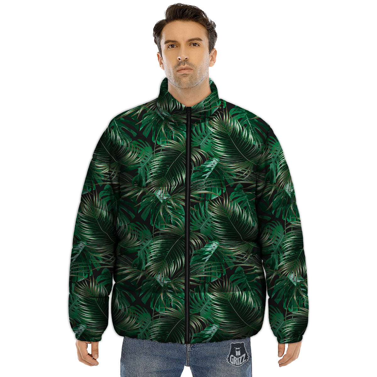 Green Leaves Tropical Print Pattern Puffer Jacket