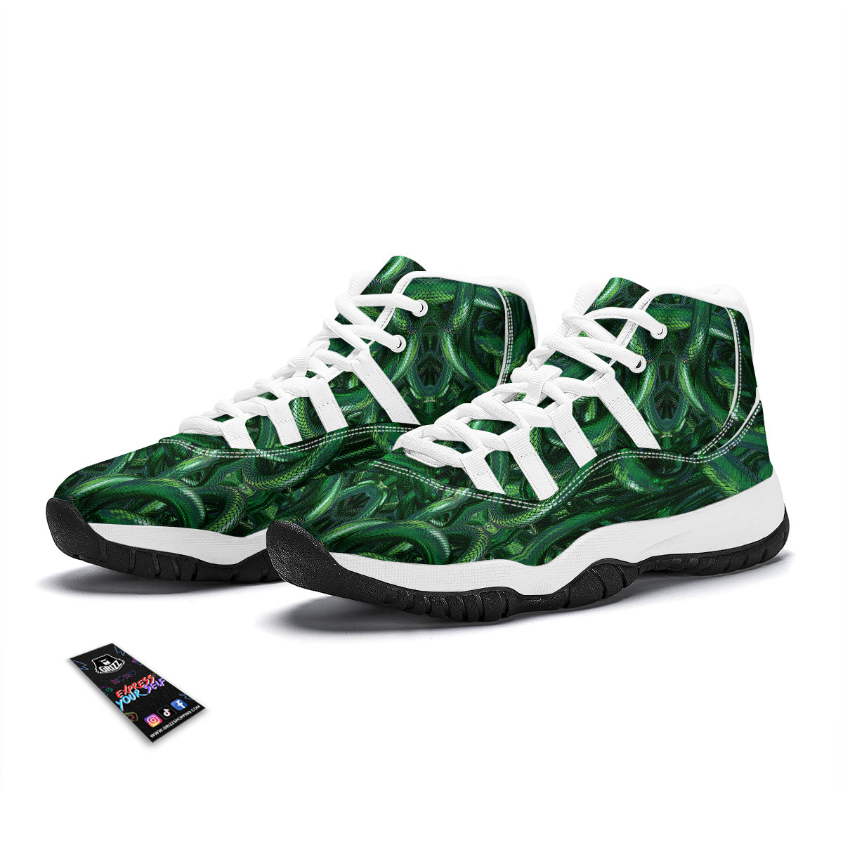 Green Snake 3D Print Pattern White Bball Shoes