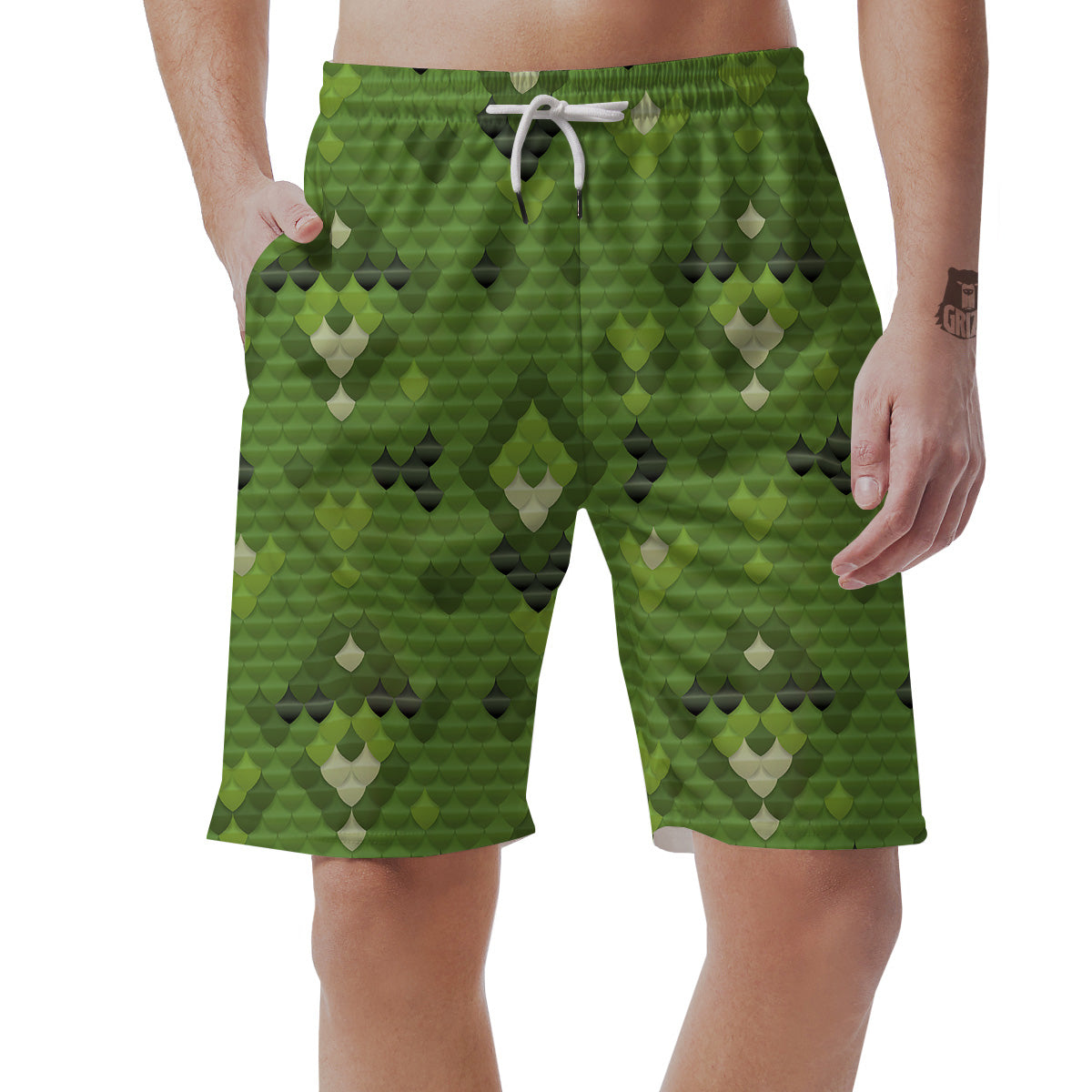 Green Snake Skin Cartoon Print Pattern Men's Shorts