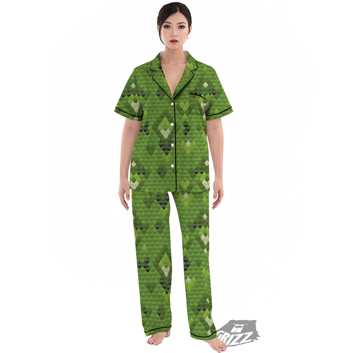 Green Snake Skin Cartoon Print Pattern Women's Pajamas Set