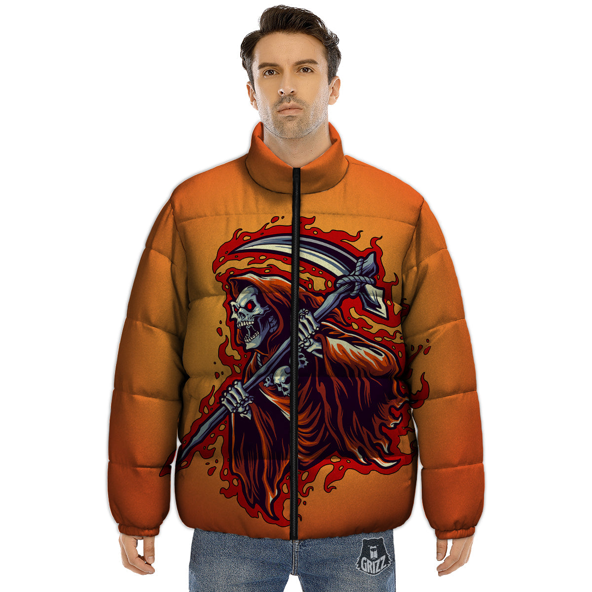 Grim Reaper And Fire Print Puffer Jacket