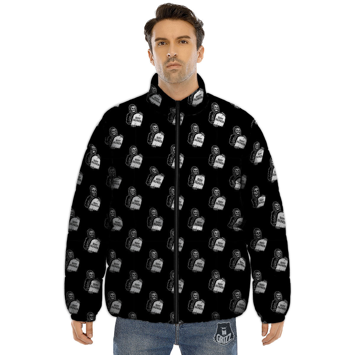 Grim Reaper Halloween Print Pattern Puffer Jacket