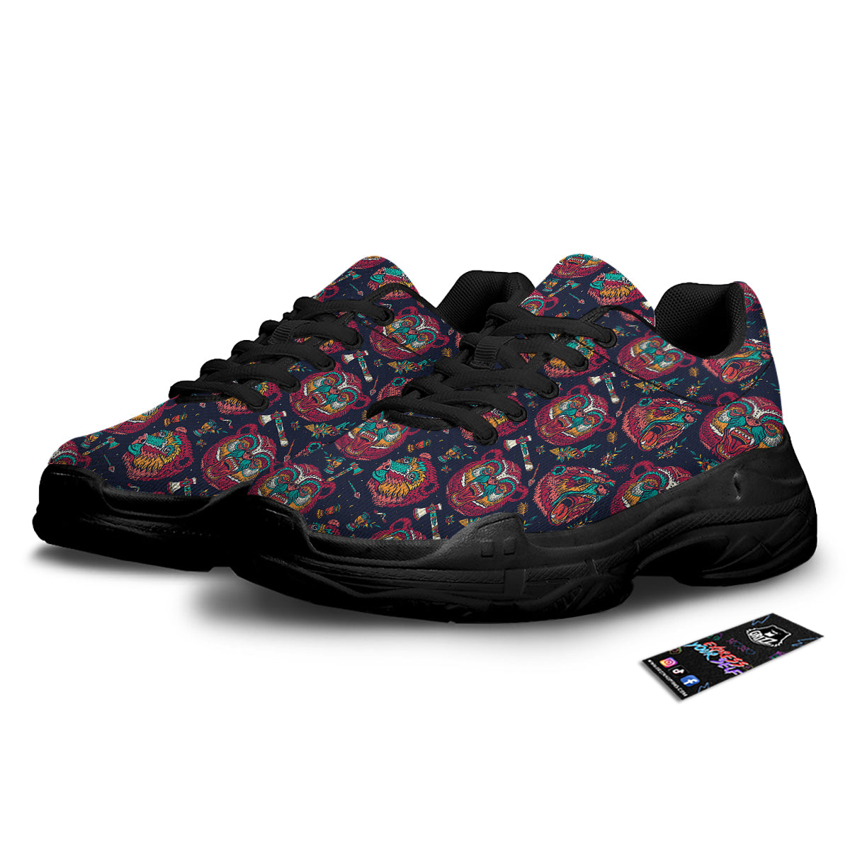 Grizz Bear Oldschool Tattoo Print Pattern Black Chunky Shoes