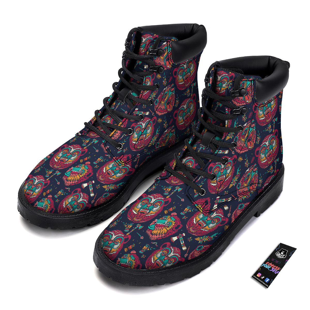 Grizz Bear Oldschool Tattoo Print Pattern Boots