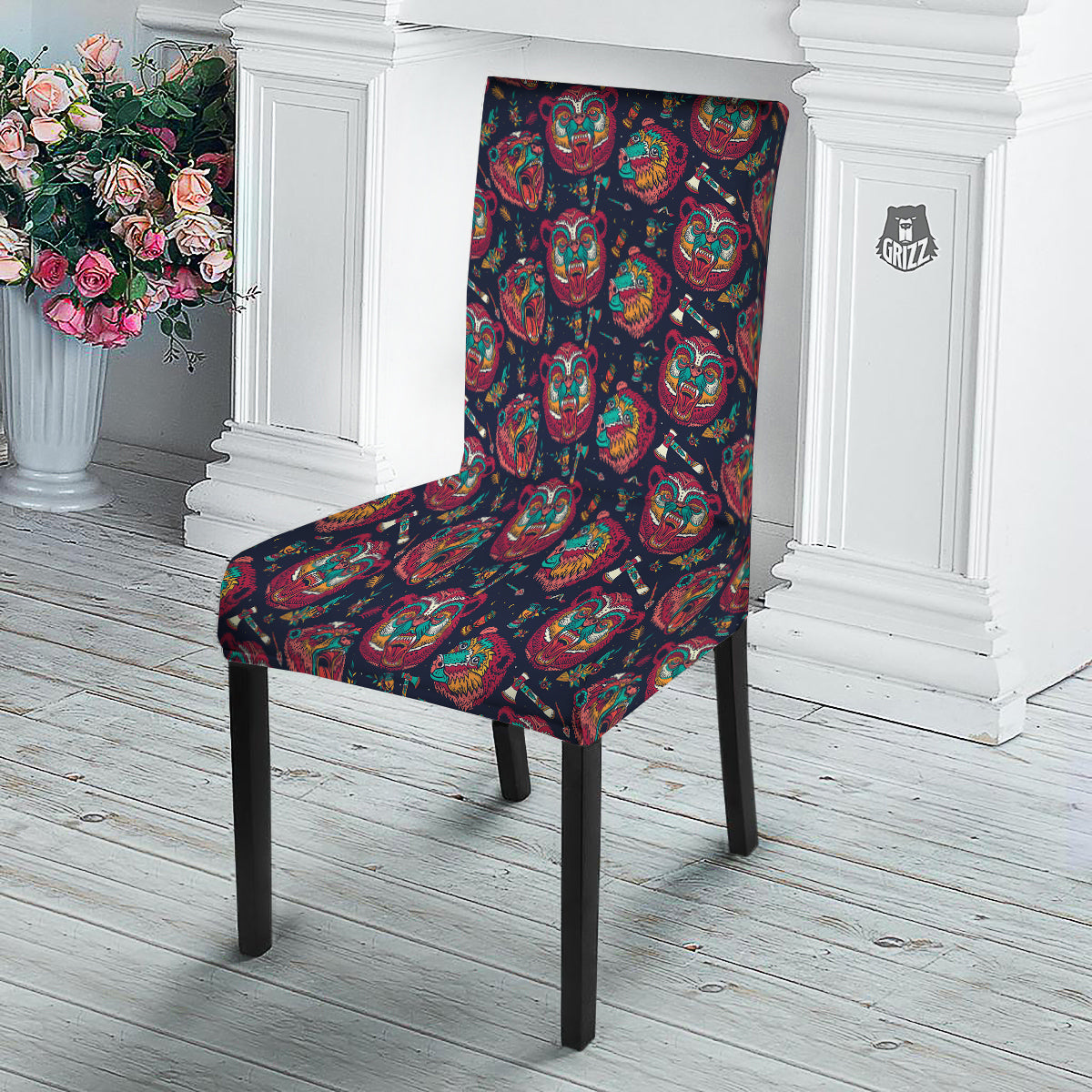 Grizz Bear Oldschool Tattoo Print Pattern Dining Chair Slipcover
