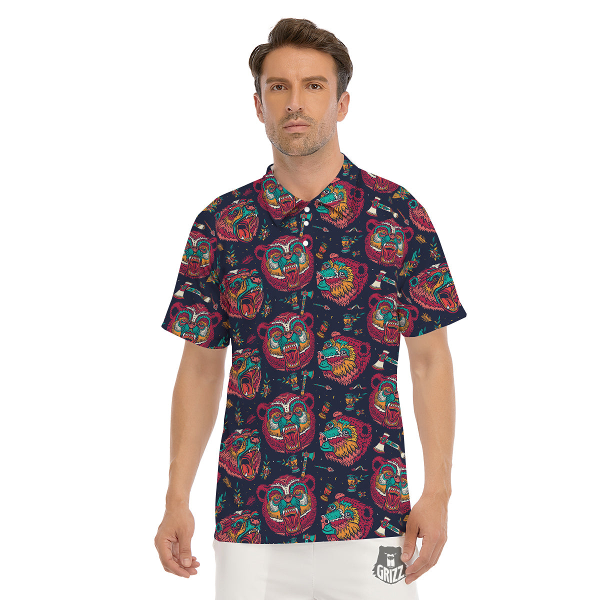 Grizz Bear Oldschool Tattoo Print Pattern Men's Golf Shirts