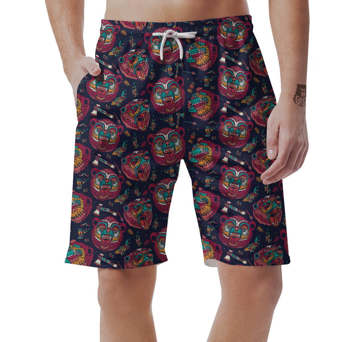 Grizz Bear Oldschool Tattoo Print Pattern Men's Shorts