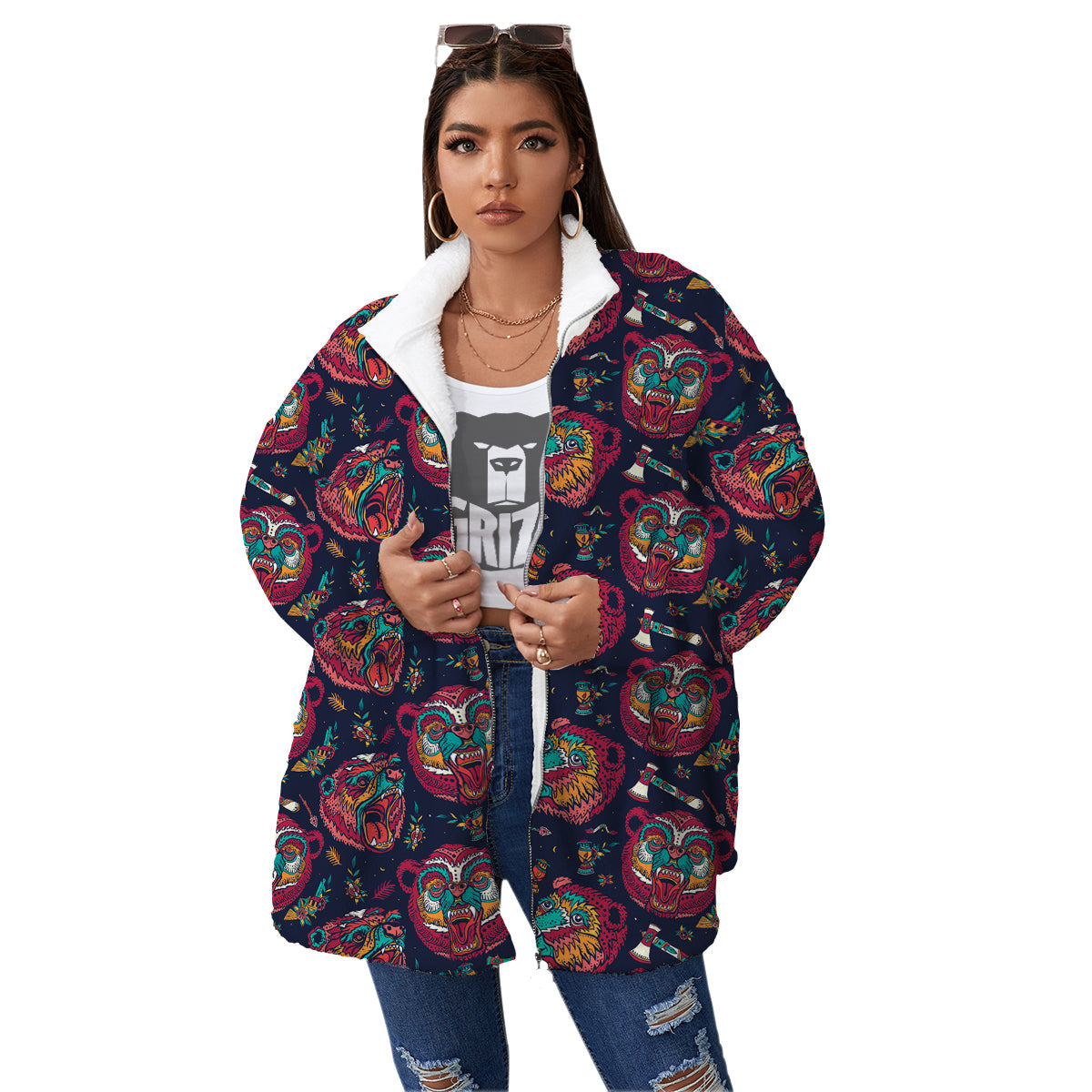 Grizz Bear Oldschool Tattoo Print Pattern Women's Sherpa Jacket