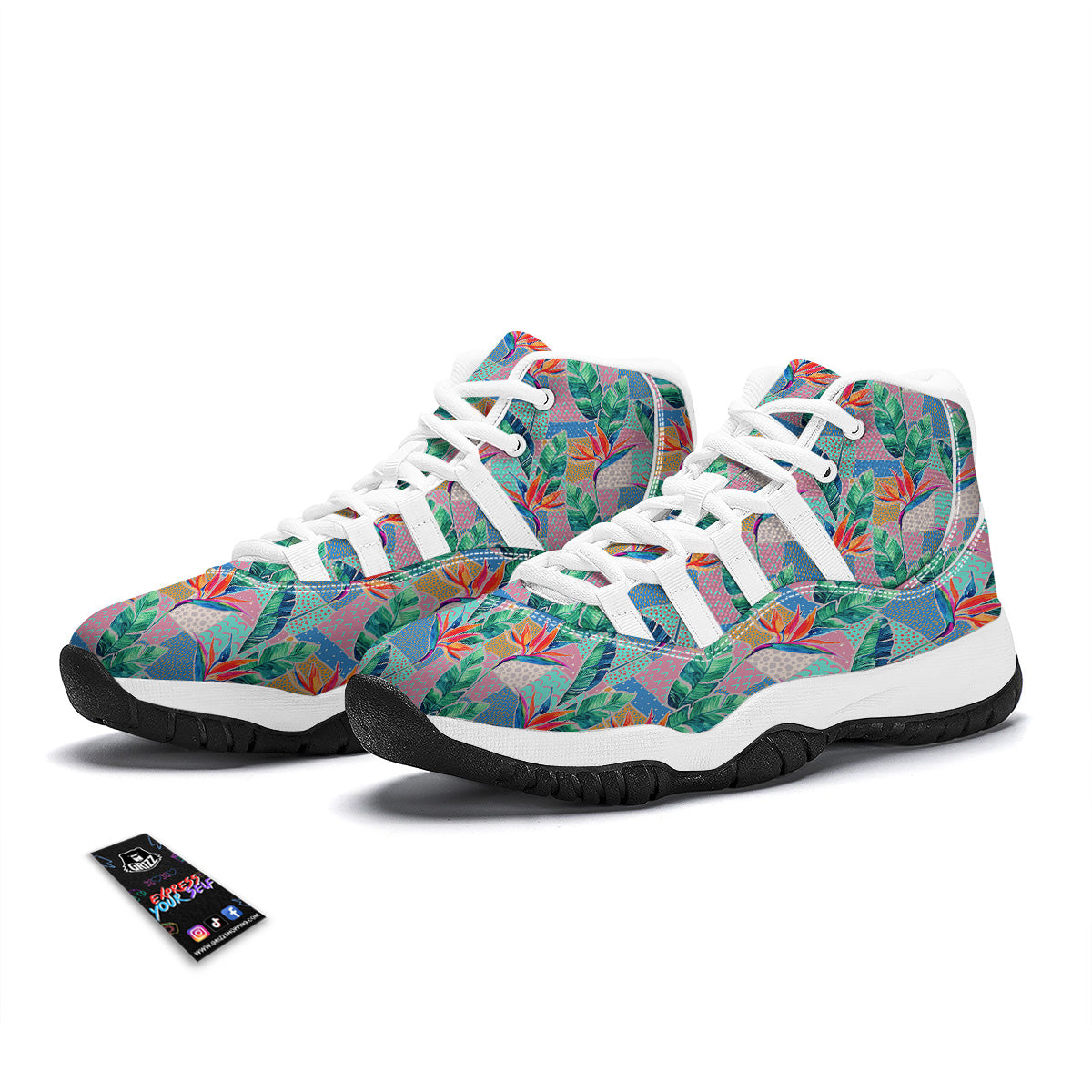 Hand Drawn Watercolor Tropical Print Pattern White Bball Shoes