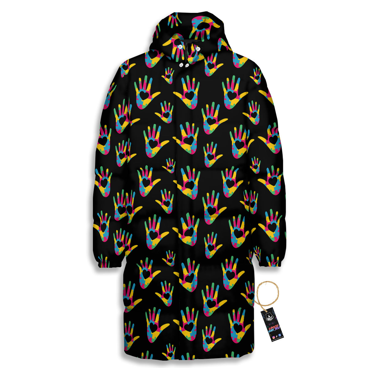 Hand Shaped Autism Day Print Pattern Long Down Jacket