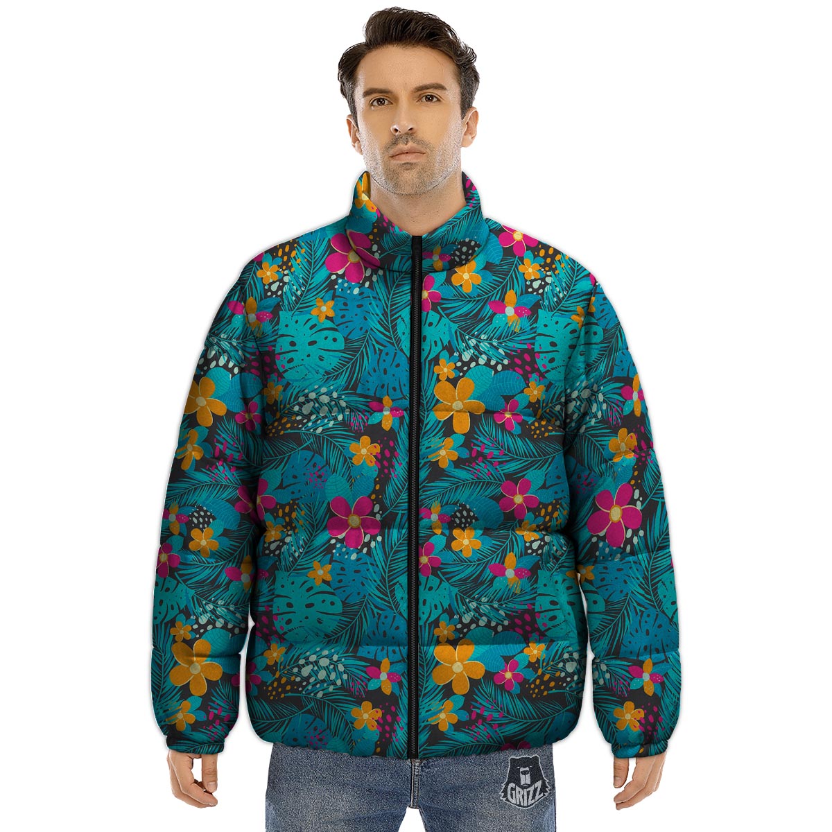 Hawaiian Exotic Tropical Print Pattern Puffer Jacket