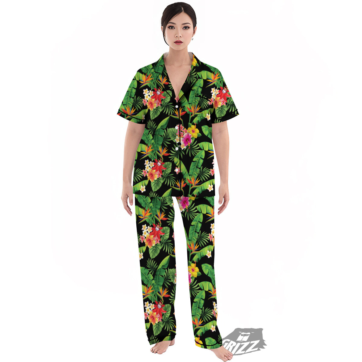 Hawaiian Flower And Tropical Leaf Print Pattern Women's Pajamas Set ...