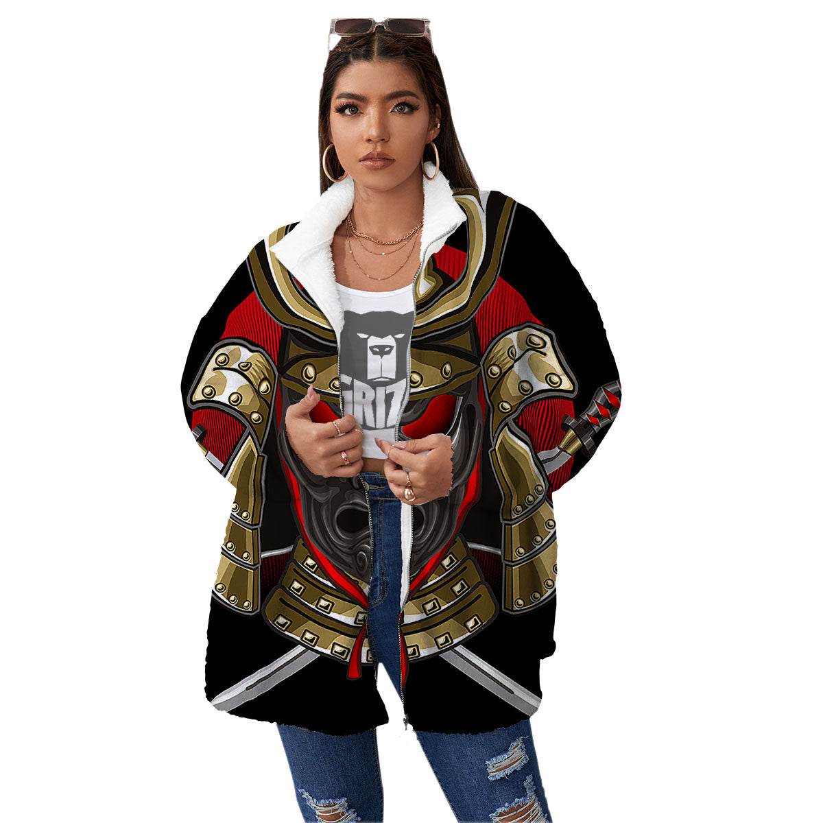 Helmet Japanese Samurai Print Women's Sherpa Jacket