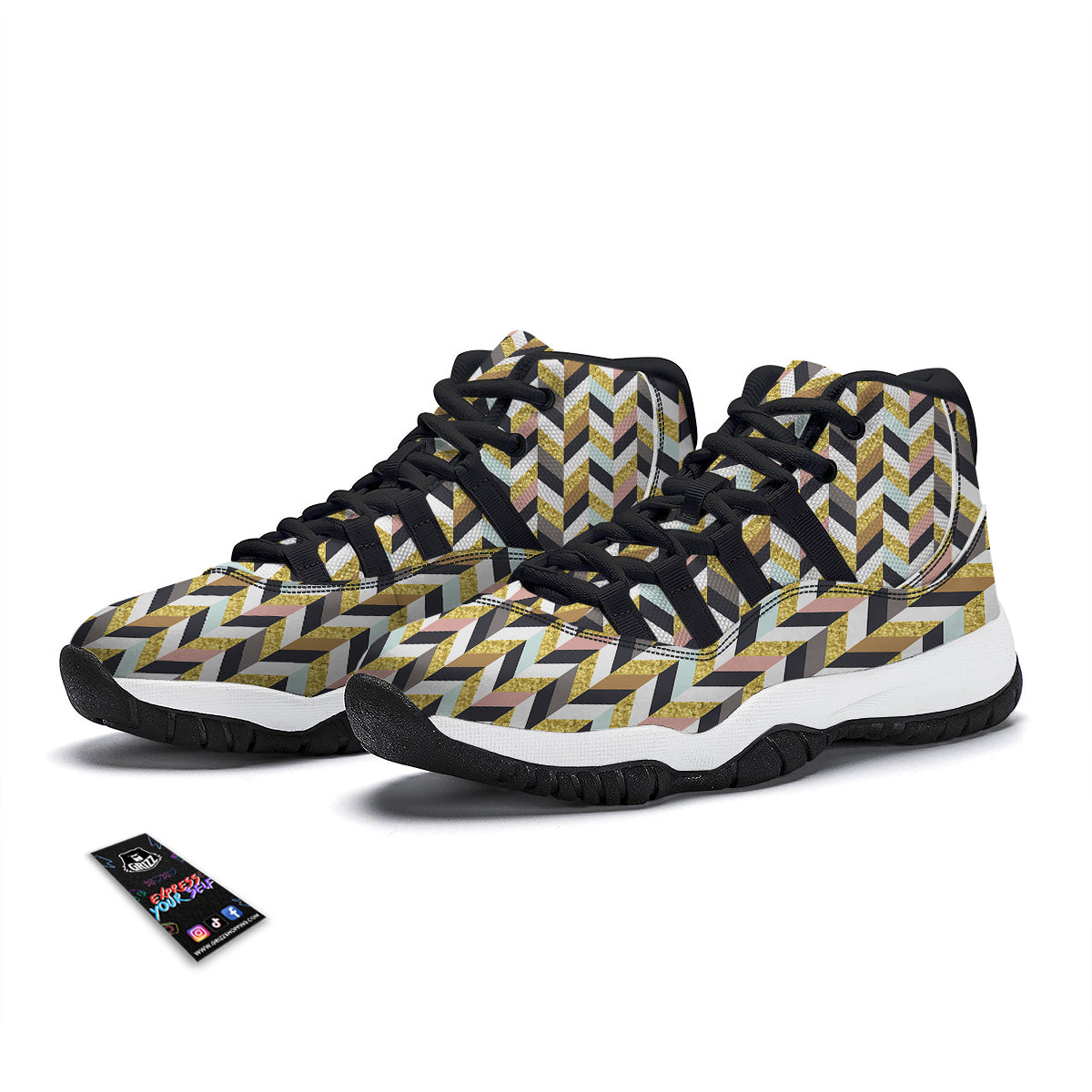 Herringbone And Gold Texture Print Pattern Black Bball Shoes