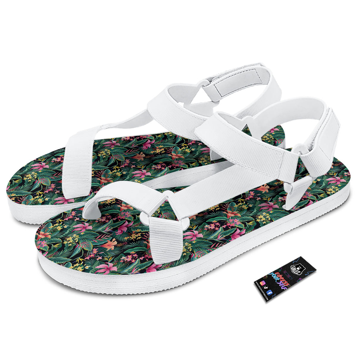 Hibiscus Exotic Tropical Print Pattern White Open Toe Sandals