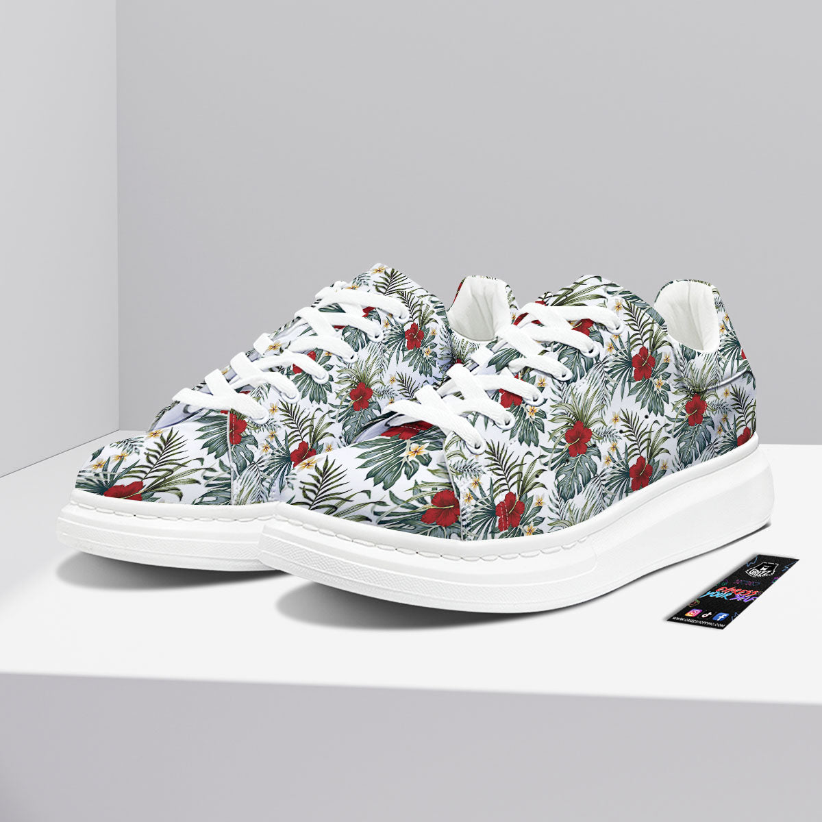 Hibiscus White Tropical Print Pattern Platform Shoes