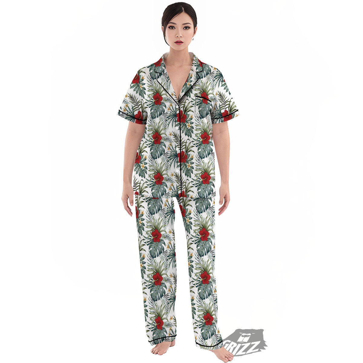 Hibiscus White Tropical Print Pattern Women's Pajamas Set