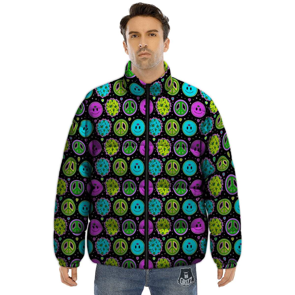 Hippie Peace Symbol And Weed Print Pattern Puffer Jacket