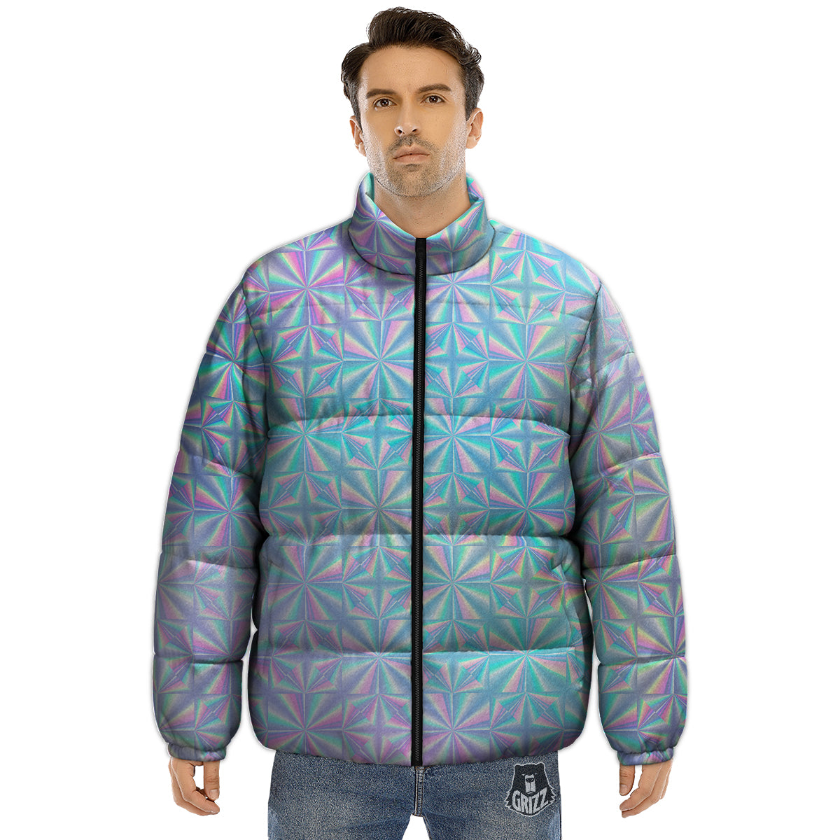 Holographic Paper Texture Print Puffer Jacket