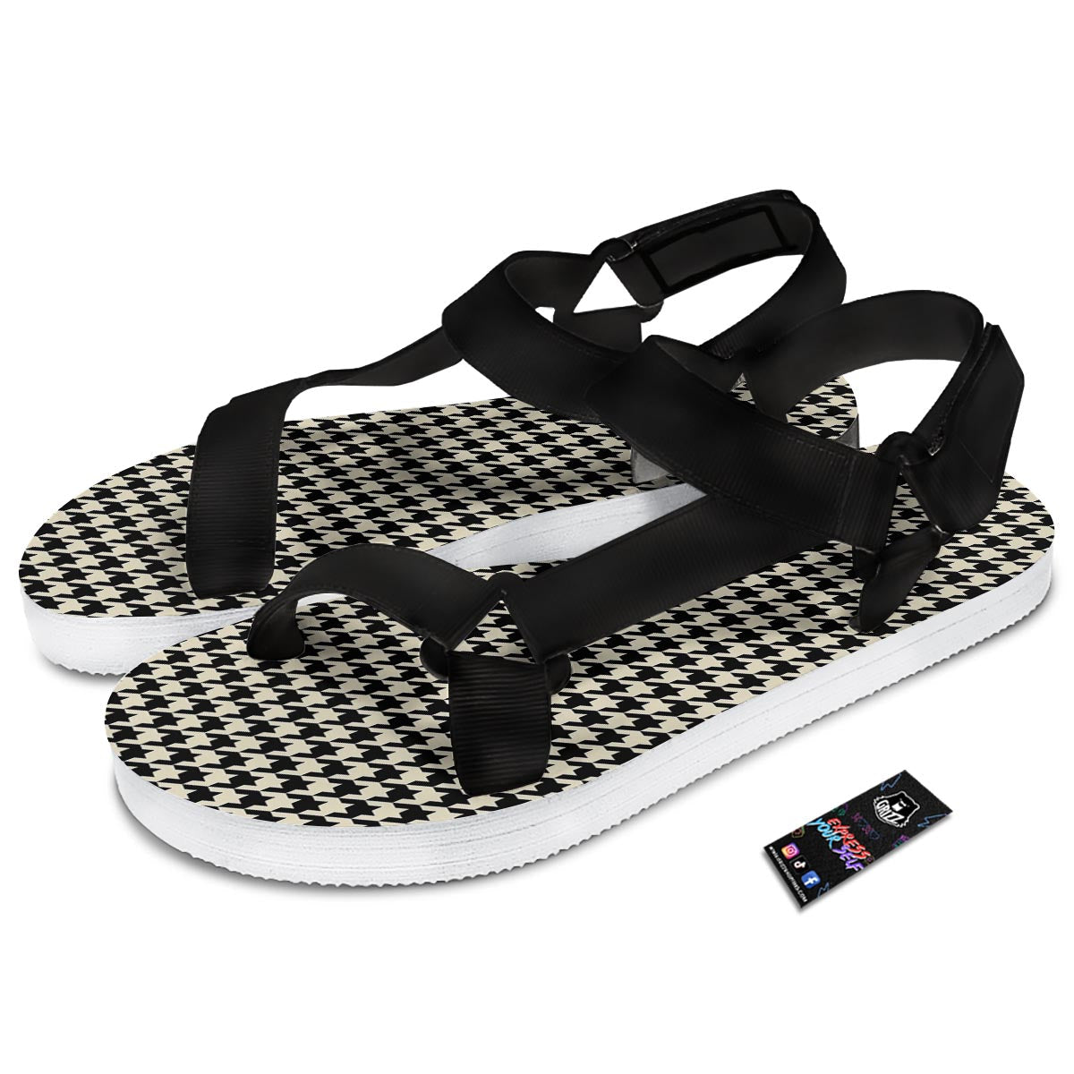 Houndstooth Black And Tan Print Pattern Black Open Toe Sandals