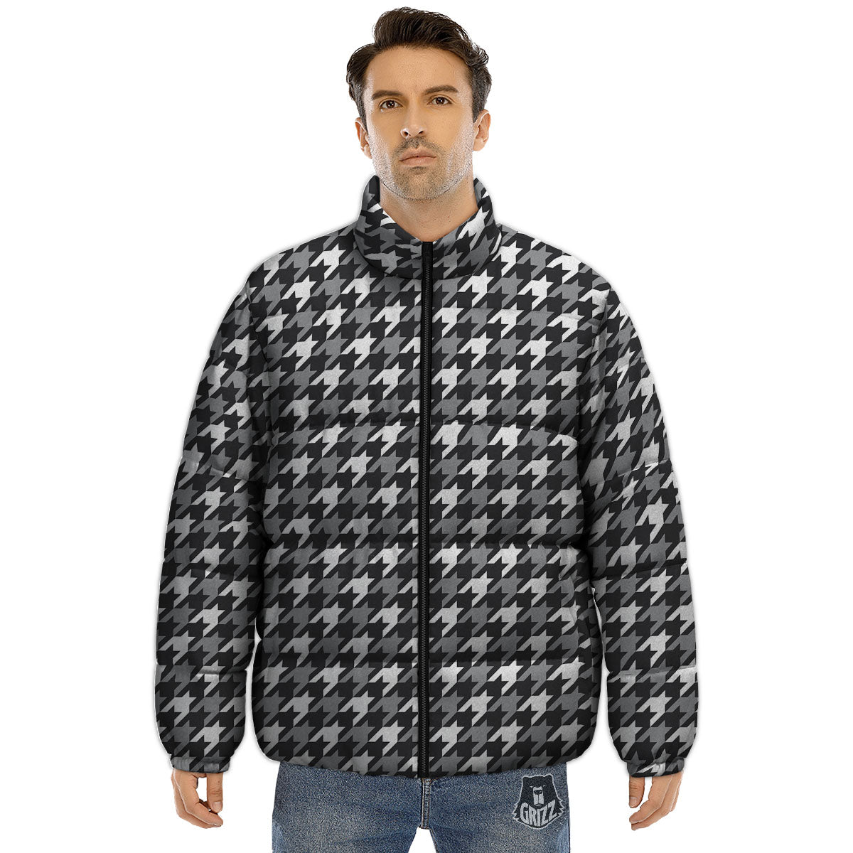 Houndstooth White And Grey Print Pattern Puffer Jacket