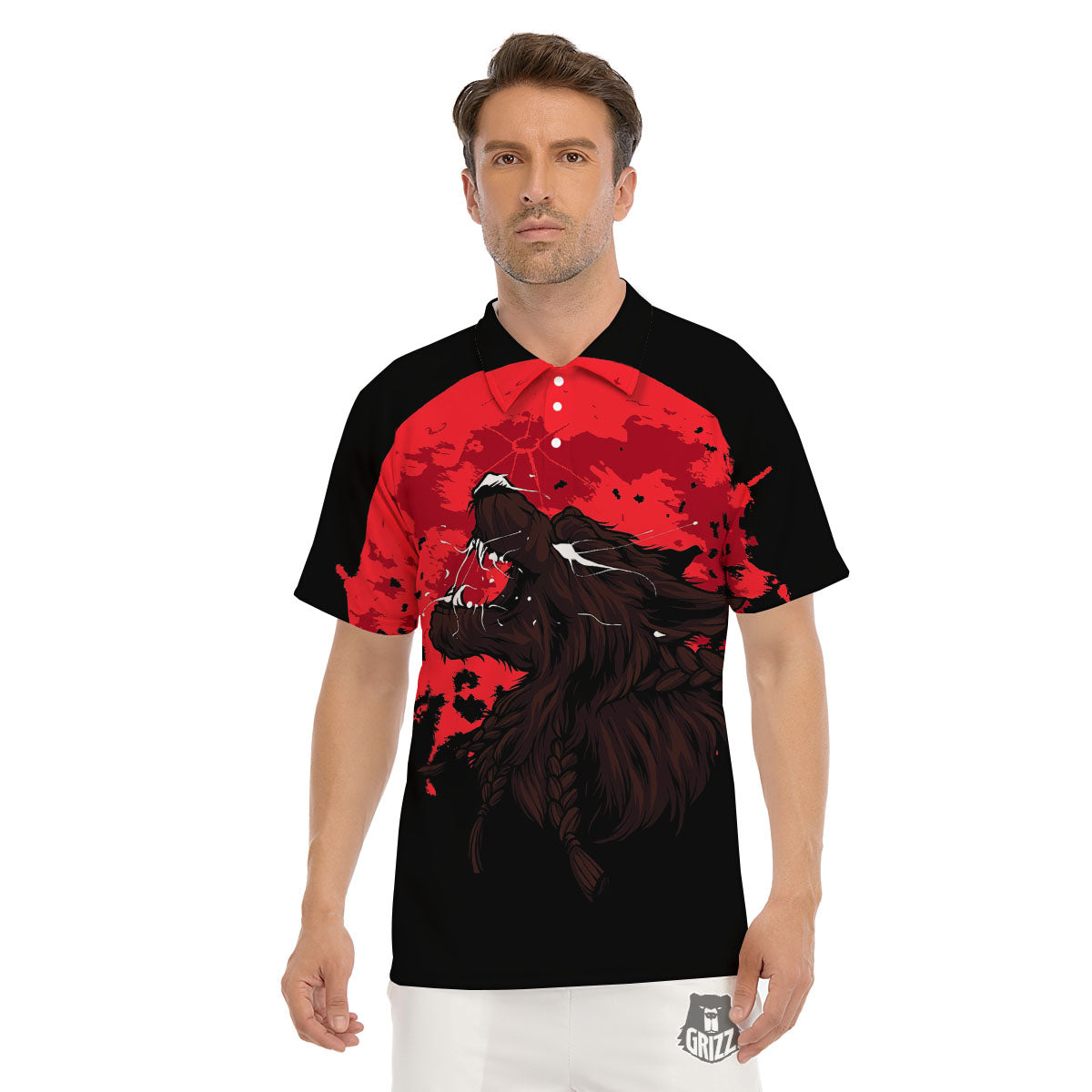 Howling Wolf Red Moon Print Men's Golf Shirts