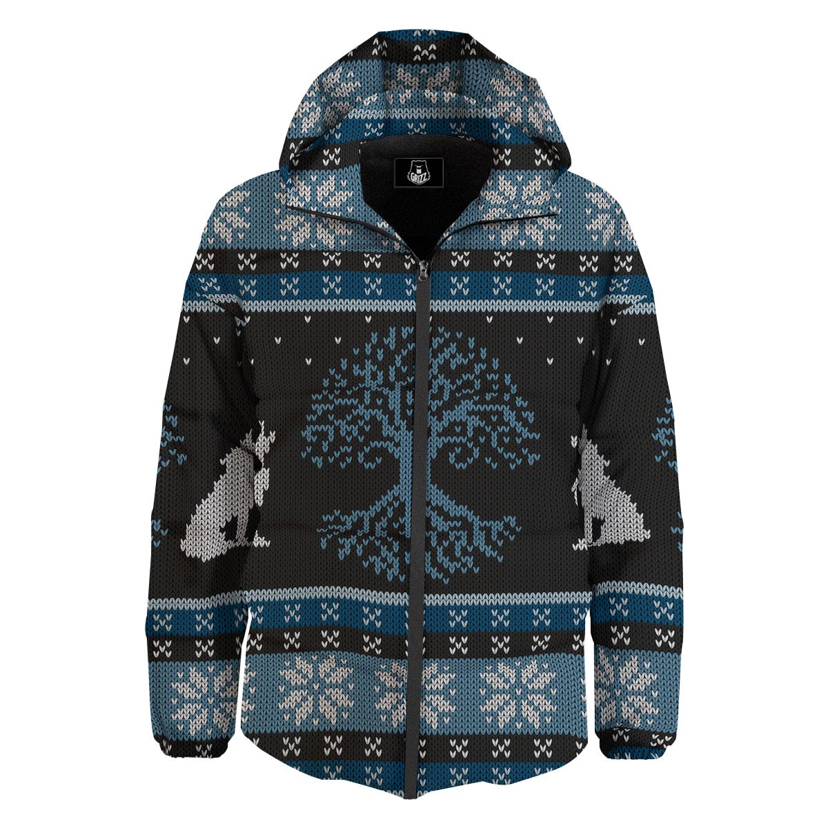 Howling Wolves And Tree Of Life Print Down Jacket