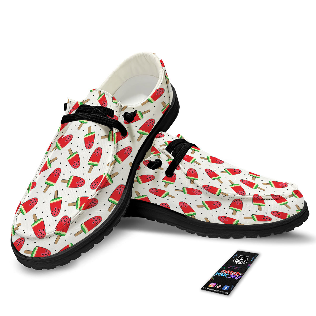 Ice Cream Watermelon Print Pattern Black Loafers