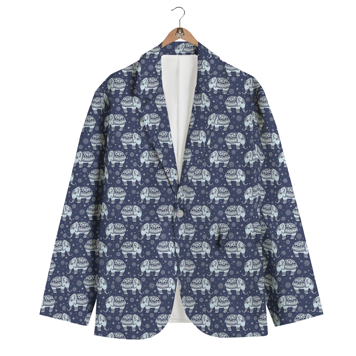 Indian Elephant Blue And White Print Pattern Men's Blazer