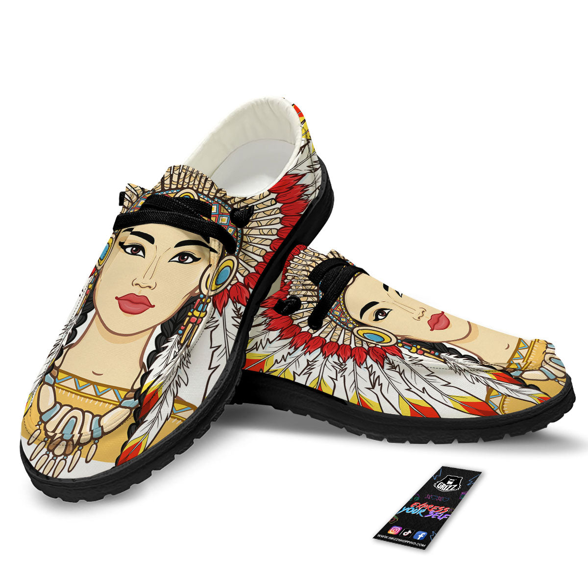 Indian Girl Native American Print Black Loafers