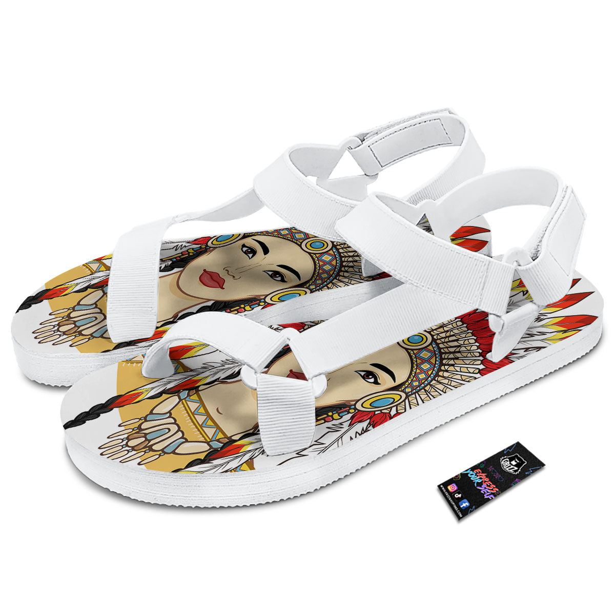 Indian Girl Native American Print White Open Toe Sandals