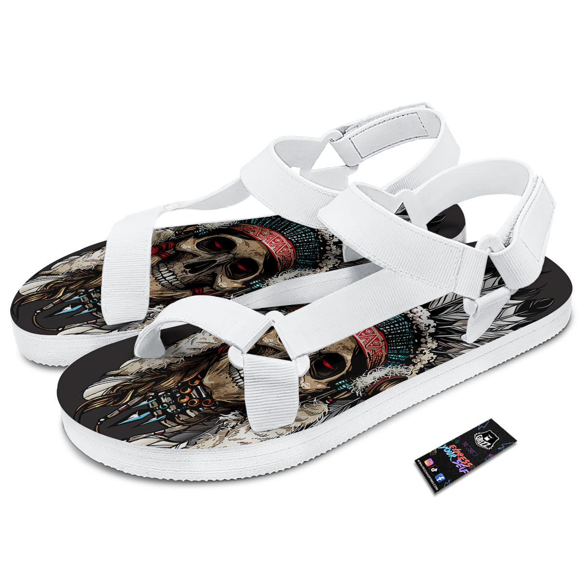 Indian Skull Native American Print White Open Toe Sandals