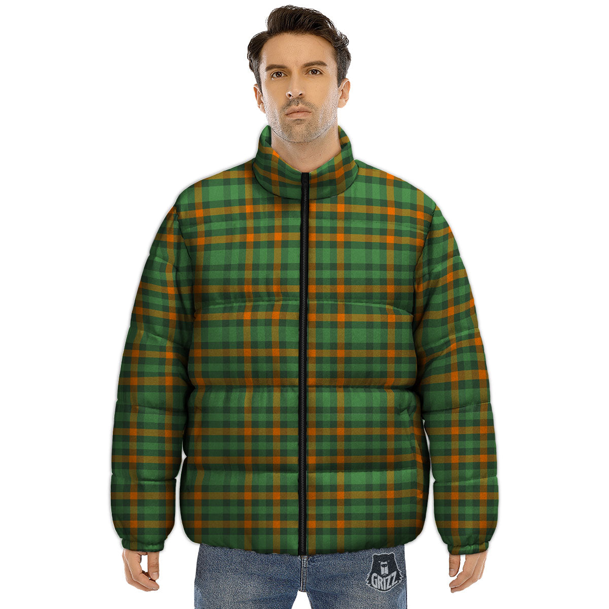 Irish Plaid Themed Print Pattern Puffer Jacket
