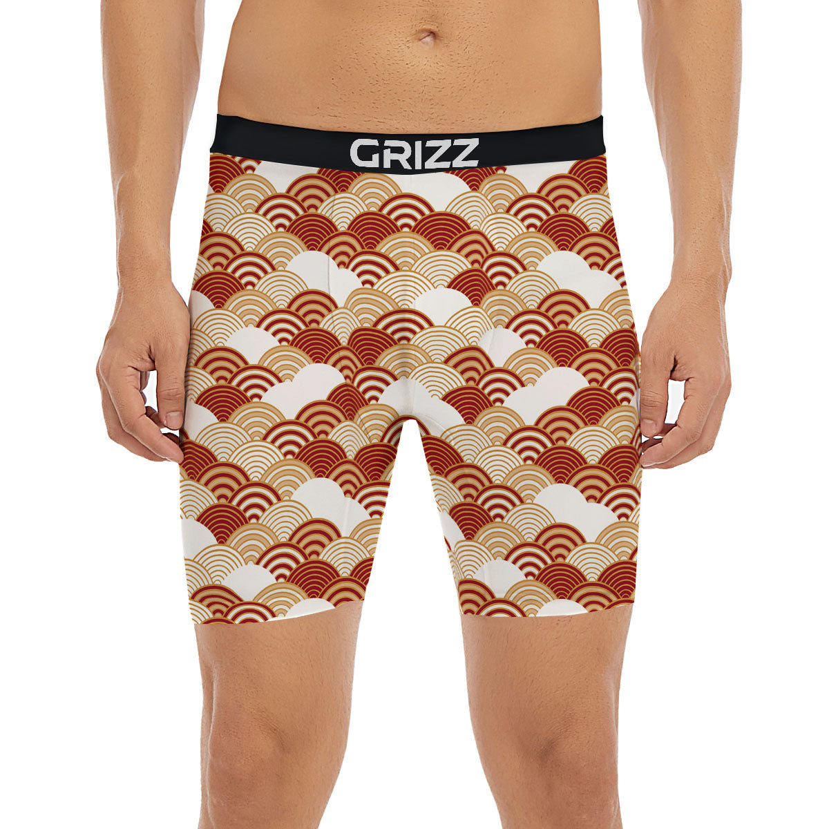 Japanese Beige And Red Print Pattern Boxer Briefs