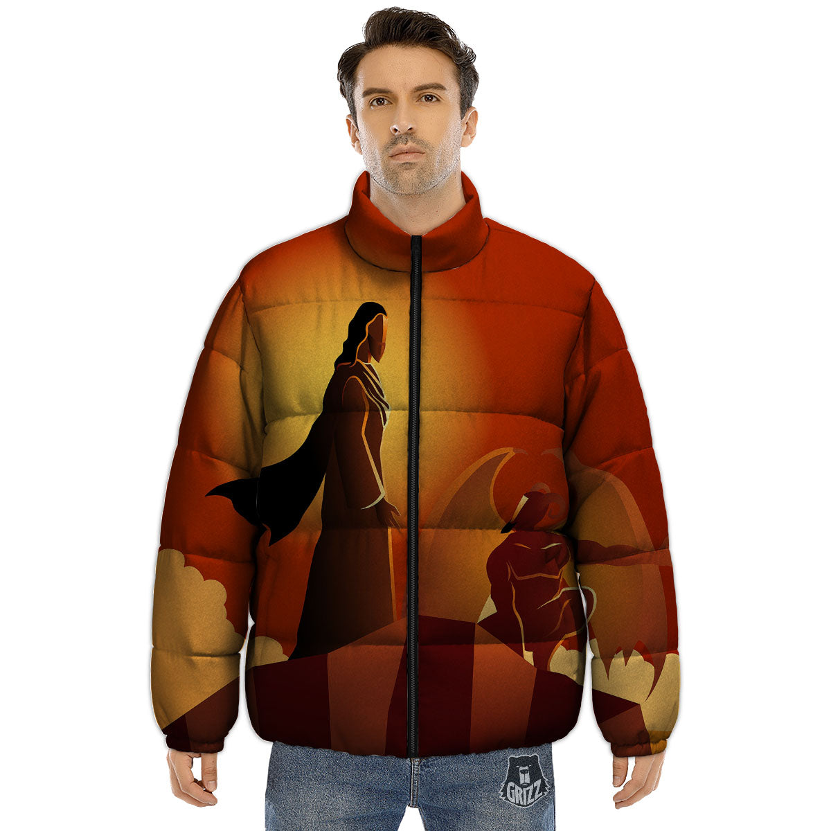 Jesus Christ And Satan Print Puffer Jacket